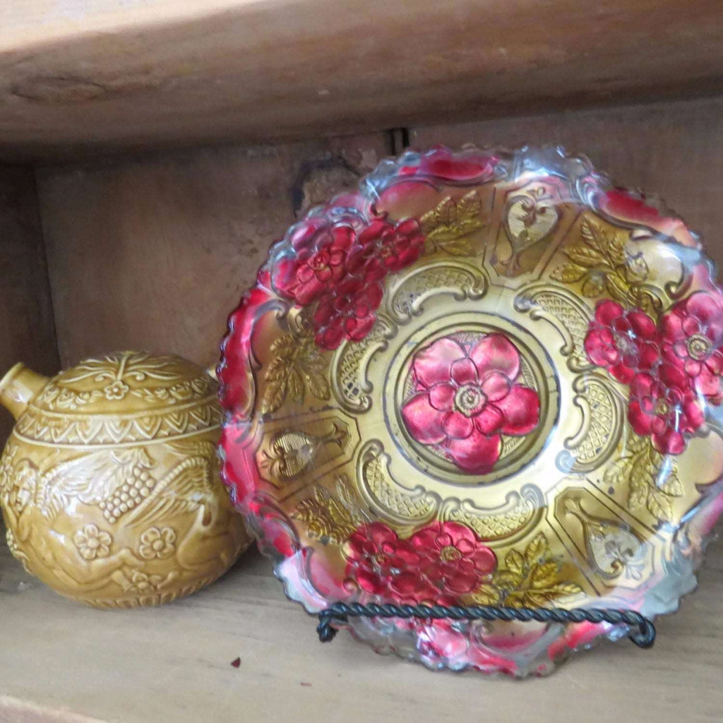 Antique painted Goofus glass bowl, wild rose design carnival glass (c ...