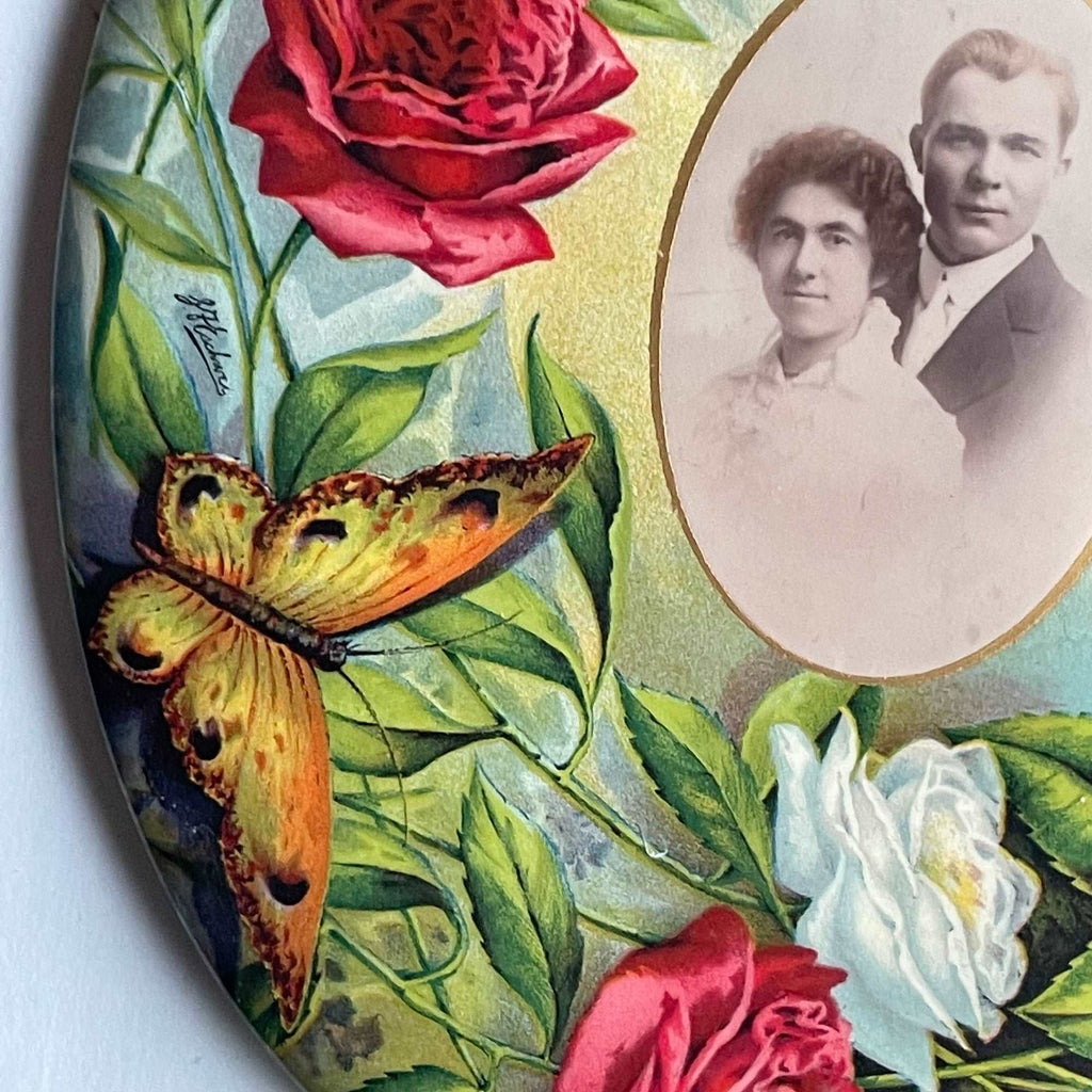 Antique Victorian oval marriage button, tin with butterfly design (c e ...